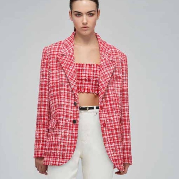 Self-Portrait | Jackets & Coats | Self Portrait Red Boucle Crop Top And ...